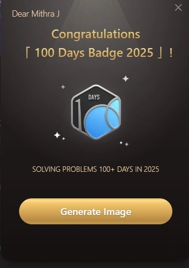 #leetcode #100dayschallenge #codingmilestone | Mithra J #leetcode #100dayschallenge #codingmilestone | Mithra J