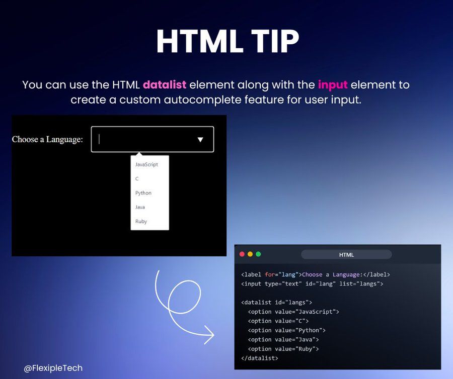 HTML Tip Create a custom autocomplete for user input. This HTML… | Flexiple HTML Tip Create a custom autocomplete for user input. This HTML… | Flexiple