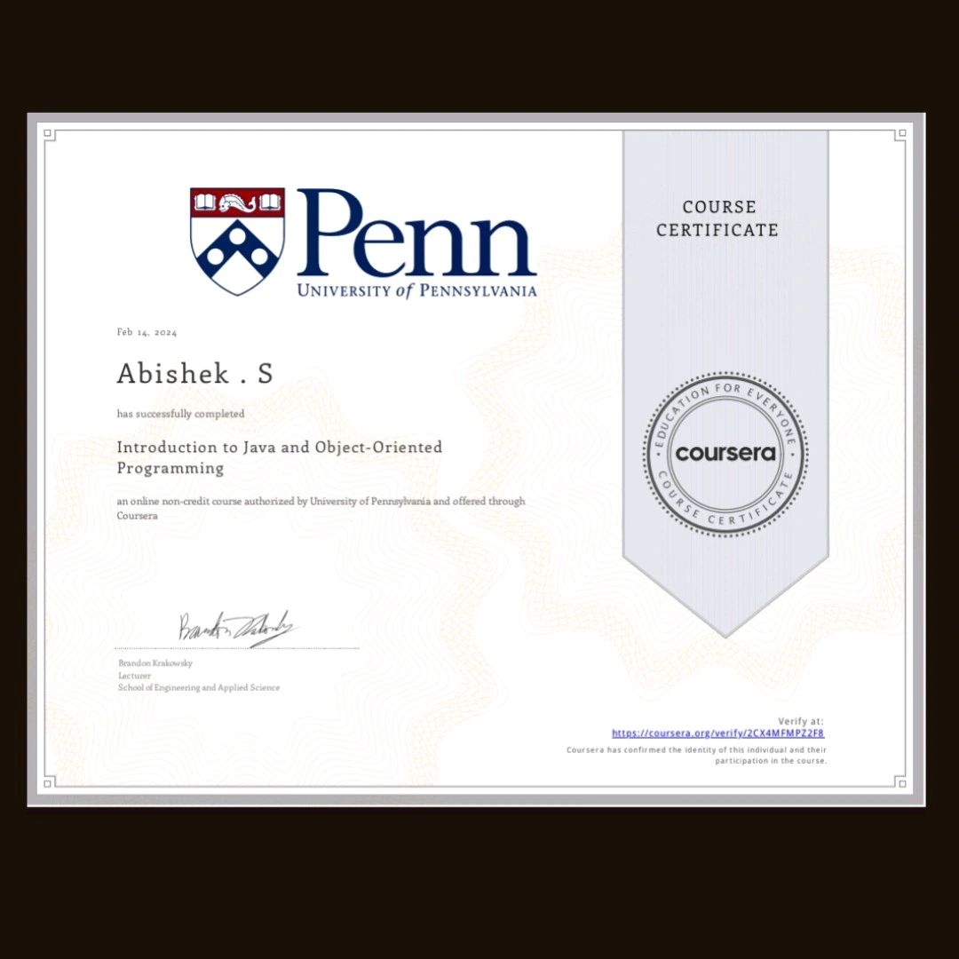 Abishek S on LinkedIn: #javaoops #courseragraduate #polymorphismmaster ... Abishek S on LinkedIn: #javaoops #courseragraduate #polymorphismmaster ...