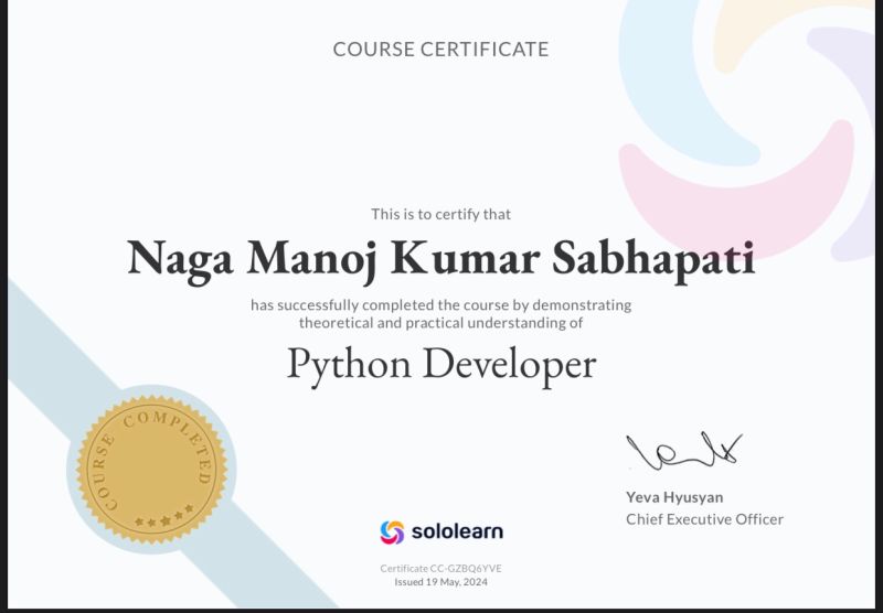Proud to share my certificate of learning python | Naga Manoj Kumar ... Proud to share my certificate of learning python | Naga Manoj Kumar ...