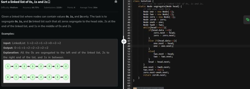 🔹 Day 48: Coding Challenge 🔹 Problem: Sort a linked list of 0s, 1s and ... 🔹 Day 48: Coding Challenge 🔹 Problem: Sort a linked list of 0s, 1s and ...