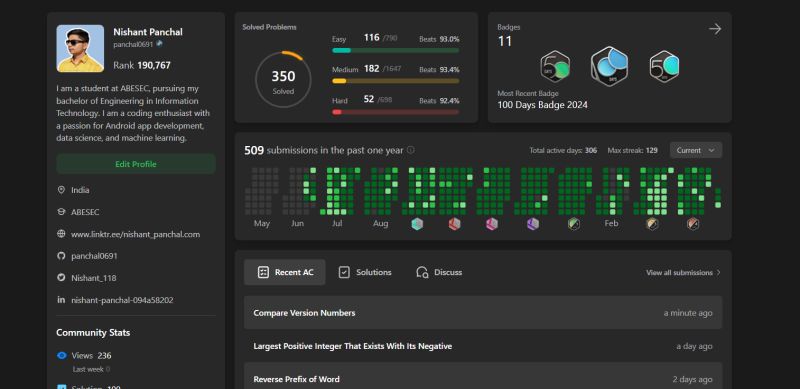Passed 350 coding challenges on LeetCode | Nishant Panchal posted on ... Passed 350 coding challenges on LeetCode | Nishant Panchal posted on ...