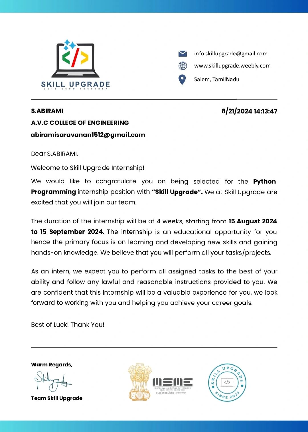 Abirami S ECE on LinkedIn: #skillupgrade #skillupgradeinternship # ... Abirami S ECE on LinkedIn: #skillupgrade #skillupgradeinternship # ...