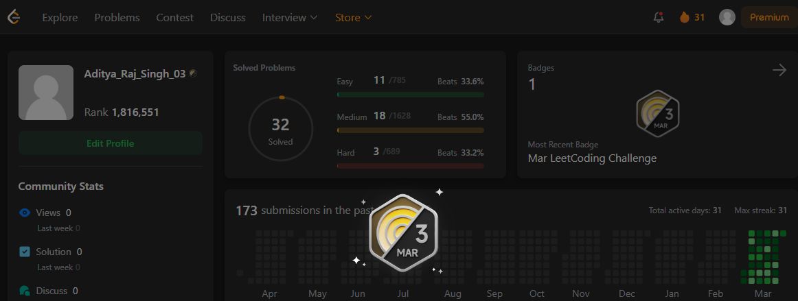 Grateful for my March Badge on LeetCode | Aditya Raj Singh posted on ... Grateful for my March Badge on LeetCode | Aditya Raj Singh posted on ...