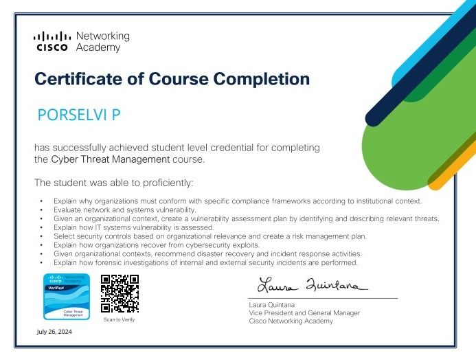 Completed Cyber Threat Management course at Cisco | Porselvi P posted ... Completed Cyber Threat Management course at Cisco | Porselvi P posted ...