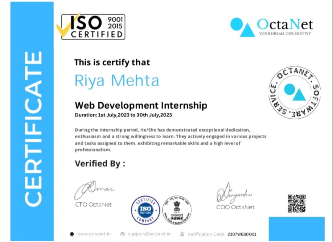 Riya Mehta on LinkedIn: #internship #certificate Riya Mehta on LinkedIn: #internship #certificate