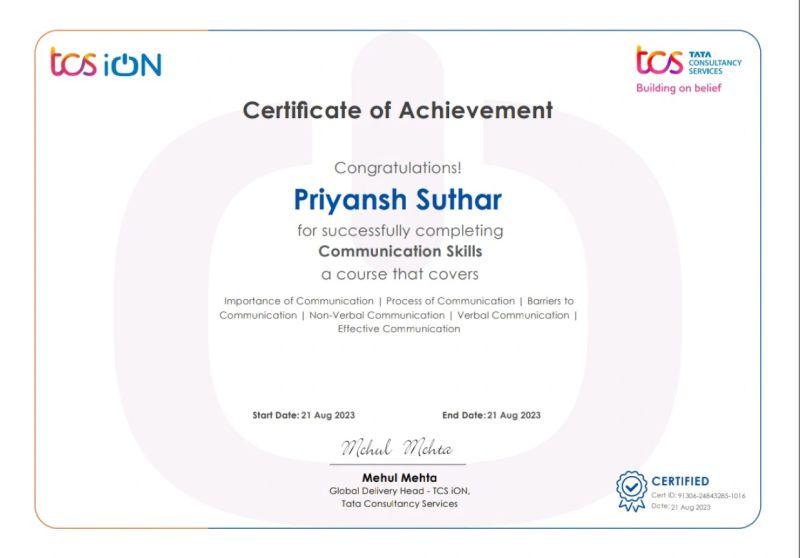 Priyansh Suthar on LinkedIn: Certificate of communication skill Priyansh Suthar on LinkedIn: Certificate of communication skill