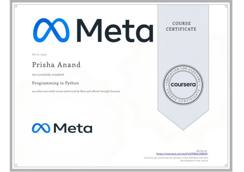 Completed Object Oriented Programming in Python with Meta | PRISHA ... Completed Object Oriented Programming in Python with Meta | PRISHA ...