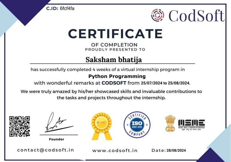 Saksham Bhatija on LinkedIn: #codsoft #internship Saksham Bhatija on LinkedIn: #codsoft #internship