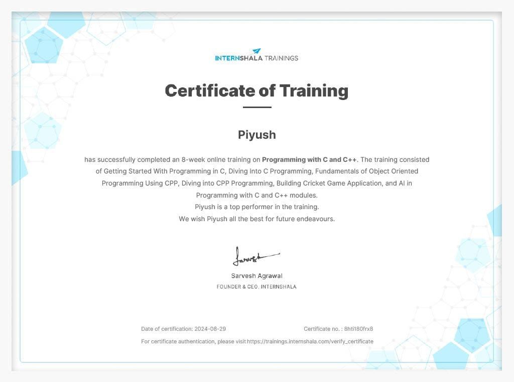 Piyush . on LinkedIn: #internshipcompleted #cprogramming #cpp # ... Piyush . on LinkedIn: #internshipcompleted #cprogramming #cpp # ...