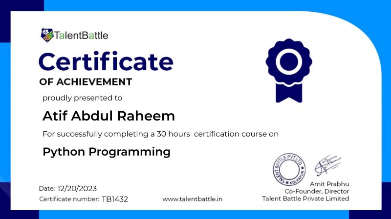 ATIF ABDUL RAHEEM on LinkedIn: #python #certification #programming # ... ATIF ABDUL RAHEEM on LinkedIn: #python #certification #programming # ...