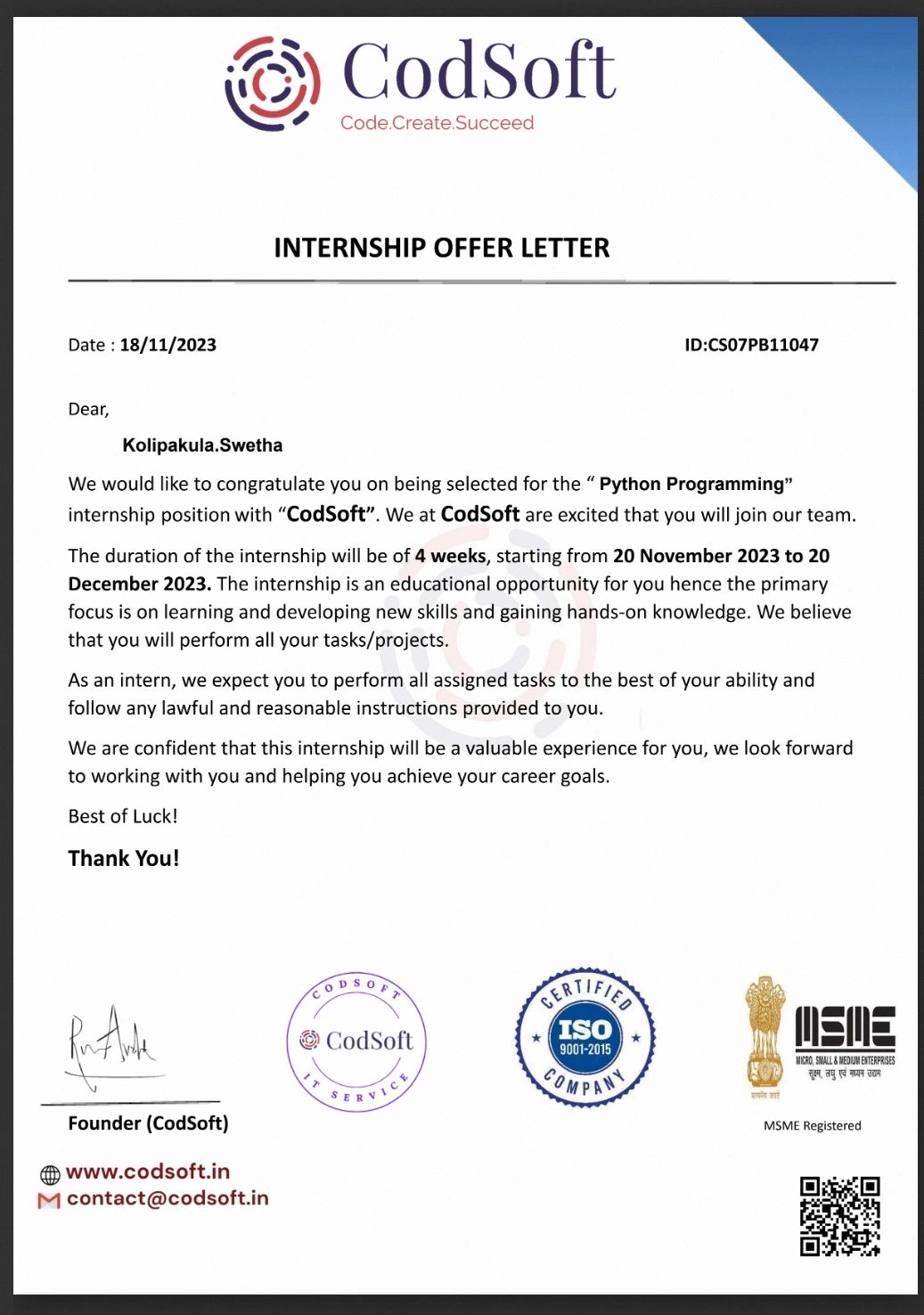 Swetha Kolipakula on LinkedIn: #codesoft #pythonprogramming #internship Swetha Kolipakula on LinkedIn: #codesoft #pythonprogramming #internship