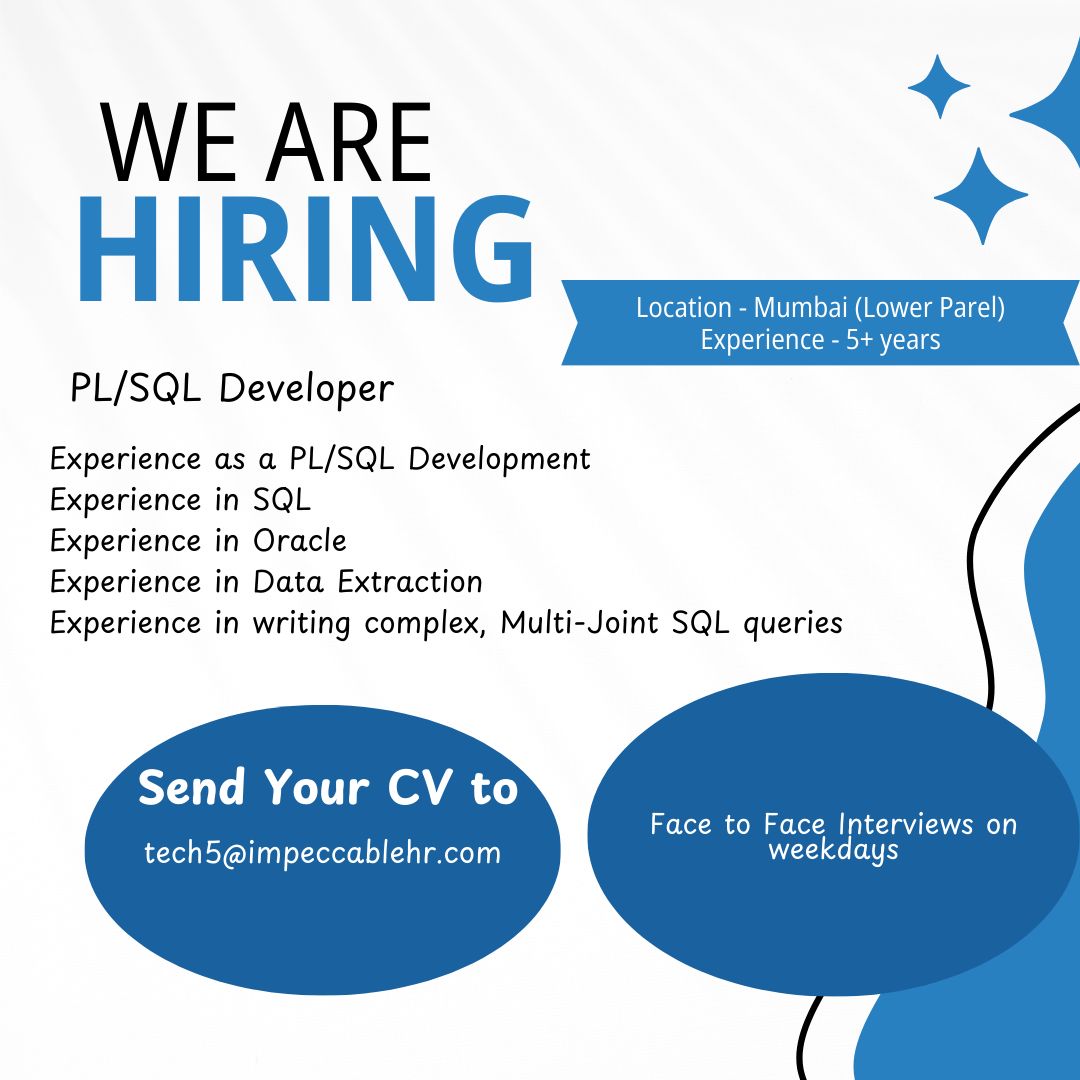 Ashna Gupta on LinkedIn: #hiringalert #mumbai #plsql #sql #oracle # ... Ashna Gupta on LinkedIn: #hiringalert #mumbai #plsql #sql #oracle # ...