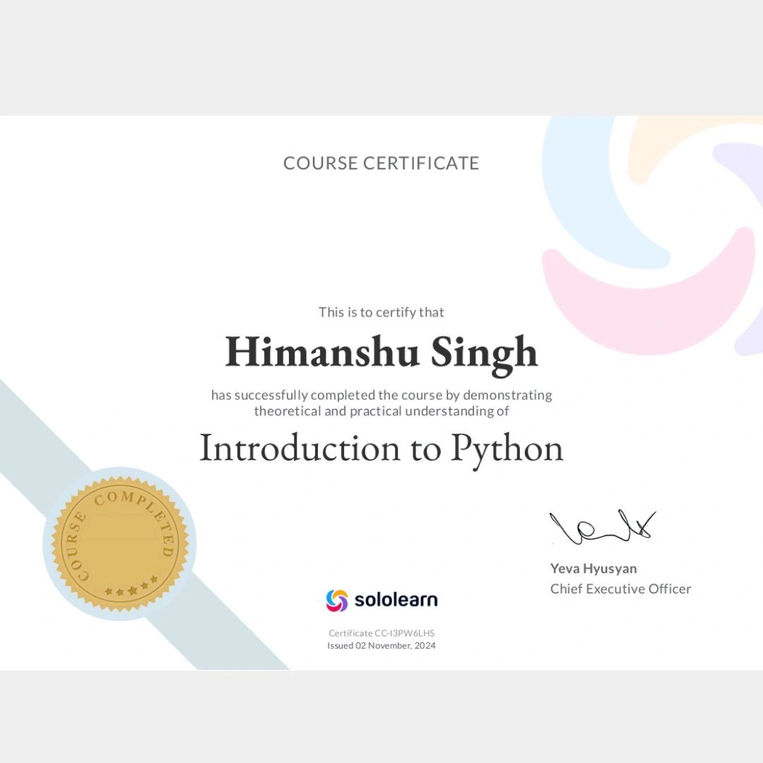Himanshu Singh on LinkedIn: #python #programming #certification # ... Himanshu Singh on LinkedIn: #python #programming #certification # ...