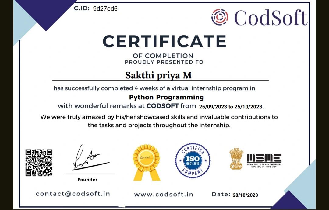 Sakthi Priya on LinkedIn: #codesoftinternship #pythonprogramming Sakthi Priya on LinkedIn: #codesoftinternship #pythonprogramming