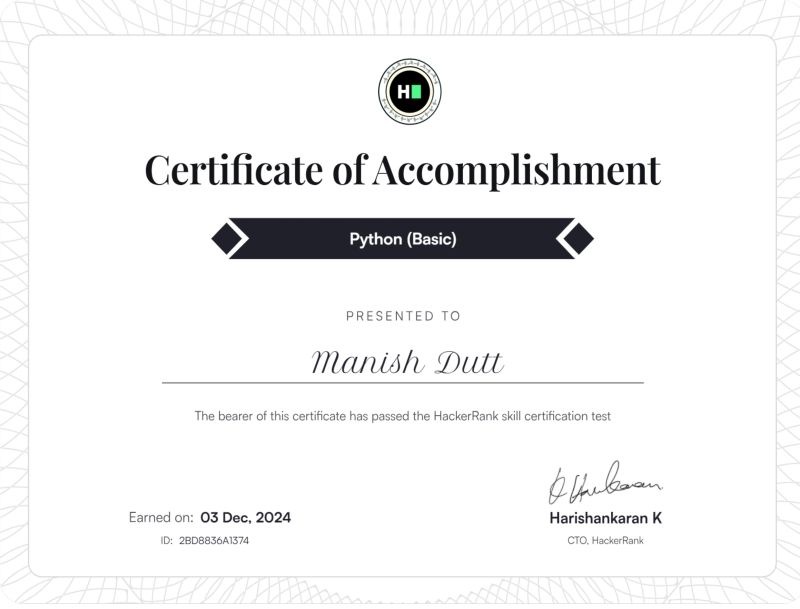 Manish Dutt S on LinkedIn: #python #hackerrank #certification # ... Manish Dutt S on LinkedIn: #python #hackerrank #certification # ...