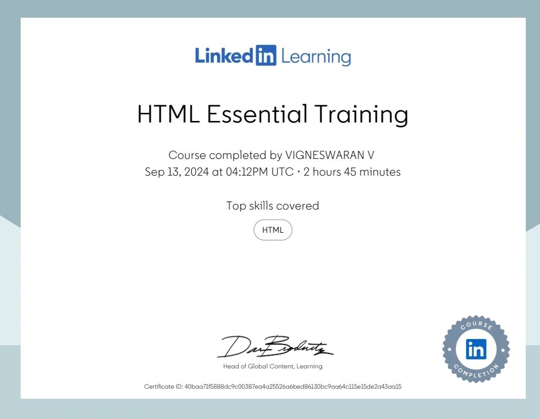 Completed HTML Essential Training on LinkedIn Learning | VIGNESWARAN V ... Completed HTML Essential Training on LinkedIn Learning | VIGNESWARAN V ...
