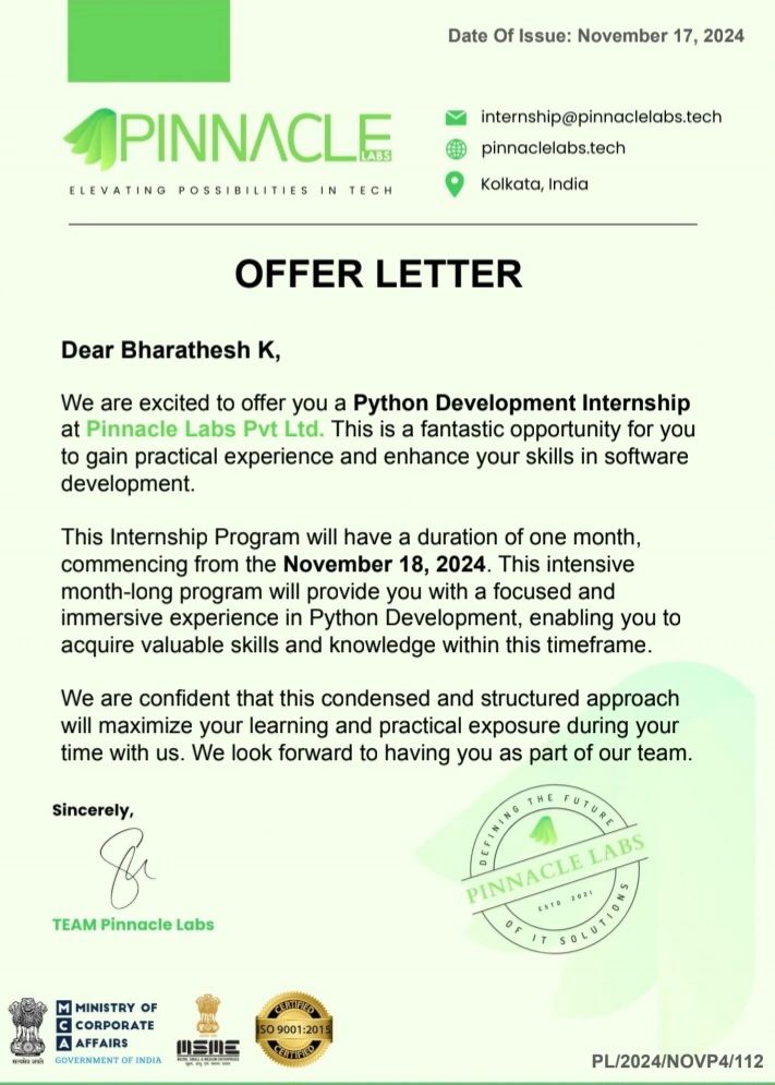 Bharathesh K on LinkedIn: #pinnaclelabs #internship2024 Bharathesh K on LinkedIn: #pinnaclelabs #internship2024