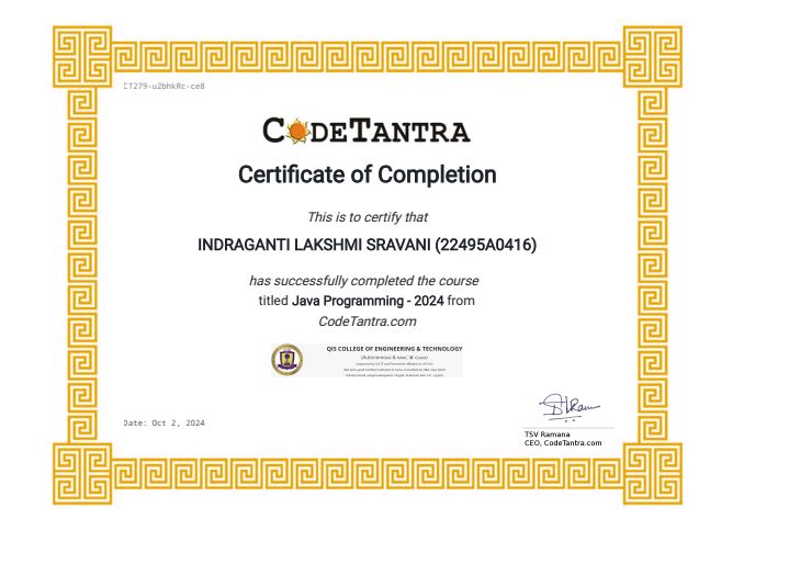 Lakshmi Sravani Indraganti on LinkedIn: #java #codetantra #programming ... Lakshmi Sravani Indraganti on LinkedIn: #java #codetantra #programming ...