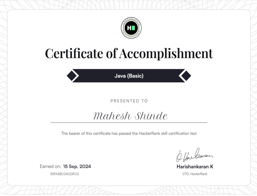 Earned Java Basics Certificate from HackerRank | MAHESH SHINDE posted ... Earned Java Basics Certificate from HackerRank | MAHESH SHINDE posted ...