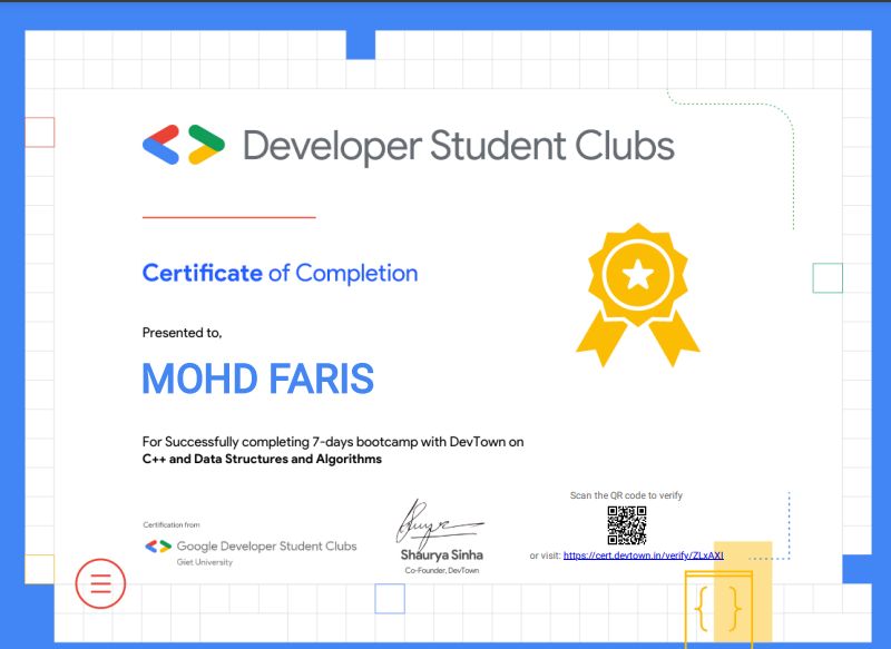 MOHD FARIS on LinkedIn: #devtown #completioncertificate #cpp #dsa # ... MOHD FARIS on LinkedIn: #devtown #completioncertificate #cpp #dsa # ...
