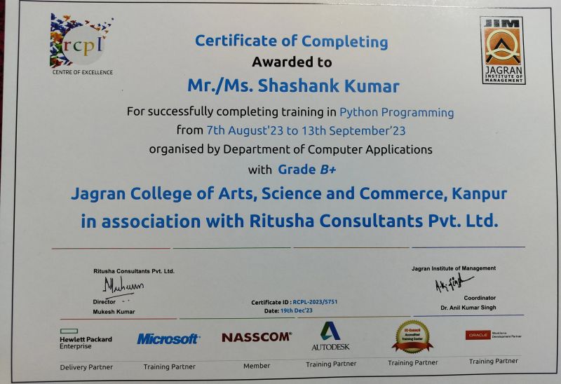 Shashank Kumar on LinkedIn: #python #certification #rcpl #jagrancollege ... Shashank Kumar on LinkedIn: #python #certification #rcpl #jagrancollege ...