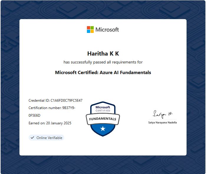 Successfully completed Microsoft AI fundamentals. 😊 | Haritha KK Successfully completed Microsoft AI fundamentals. 😊 | Haritha KK