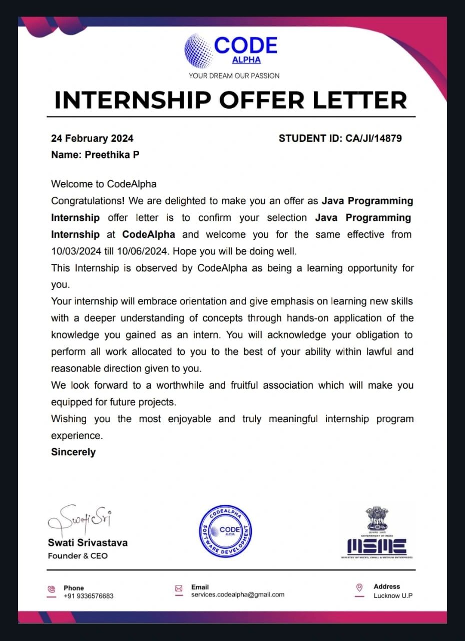 PREETHIKA P on LinkedIn: #codealpha #internship #javaprogramming # ... PREETHIKA P on LinkedIn: #codealpha #internship #javaprogramming # ...