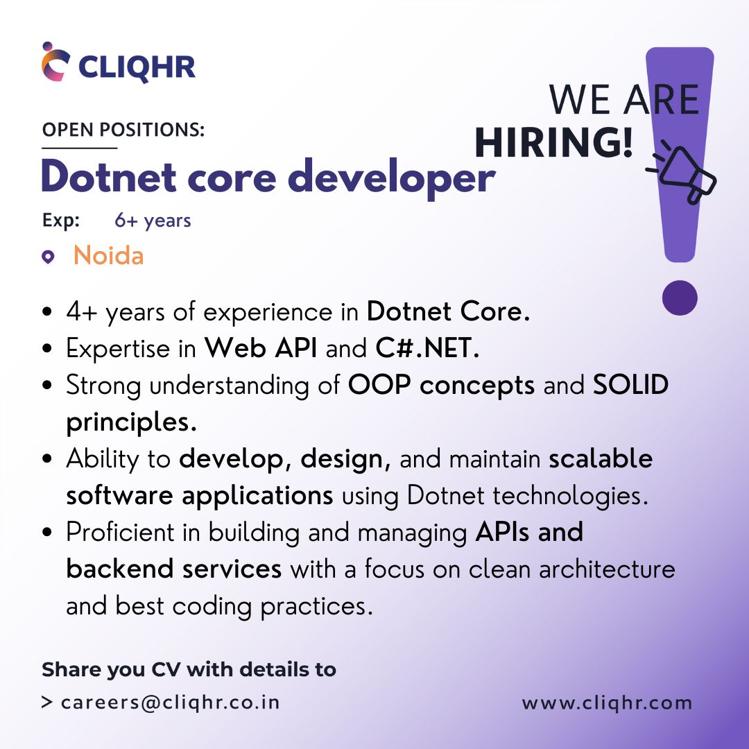CLIQHR Recruitment Services on LinkedIn: #dotnetjobs #dotnetcore # ... CLIQHR Recruitment Services on LinkedIn: #dotnetjobs #dotnetcore # ...