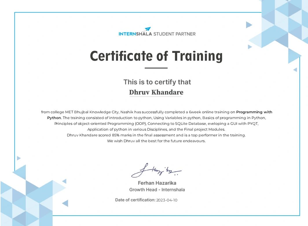 Dhruv Khandare on LinkedIn: Completed Python Training Course Dhruv Khandare on LinkedIn: Completed Python Training Course