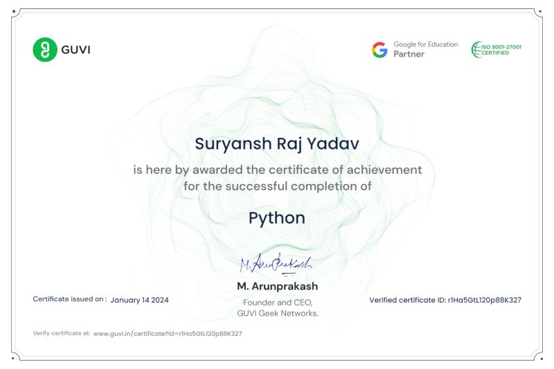 Suryansh Raj Yadav on LinkedIn: #python #certification #achievementunlocked Suryansh Raj Yadav on LinkedIn: #python #certification #achievementunlocked