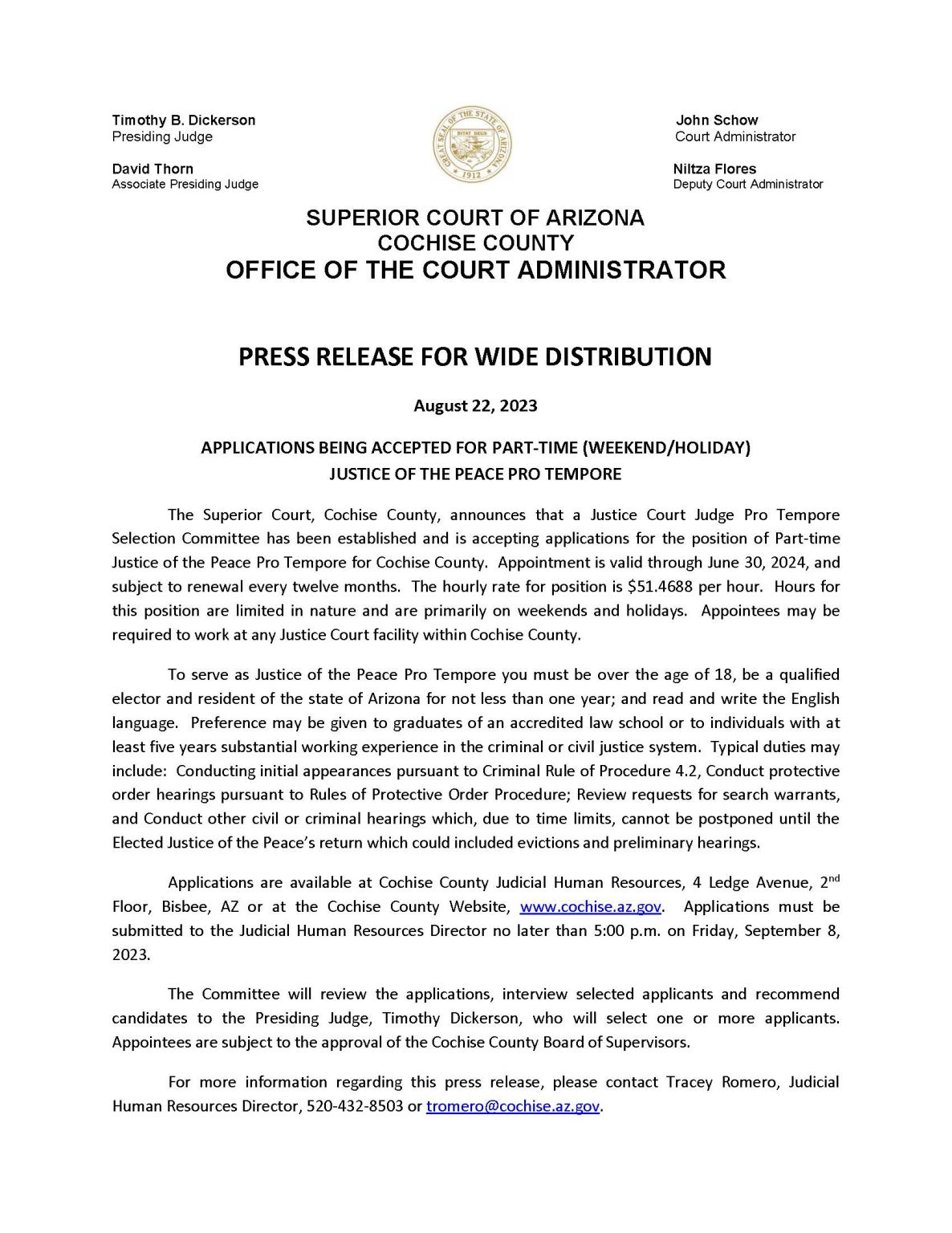 📰 NEWS RELEASE The Superior Court, Cochise County, announces that a ... 📰 NEWS RELEASE The Superior Court, Cochise County, announces that a ...