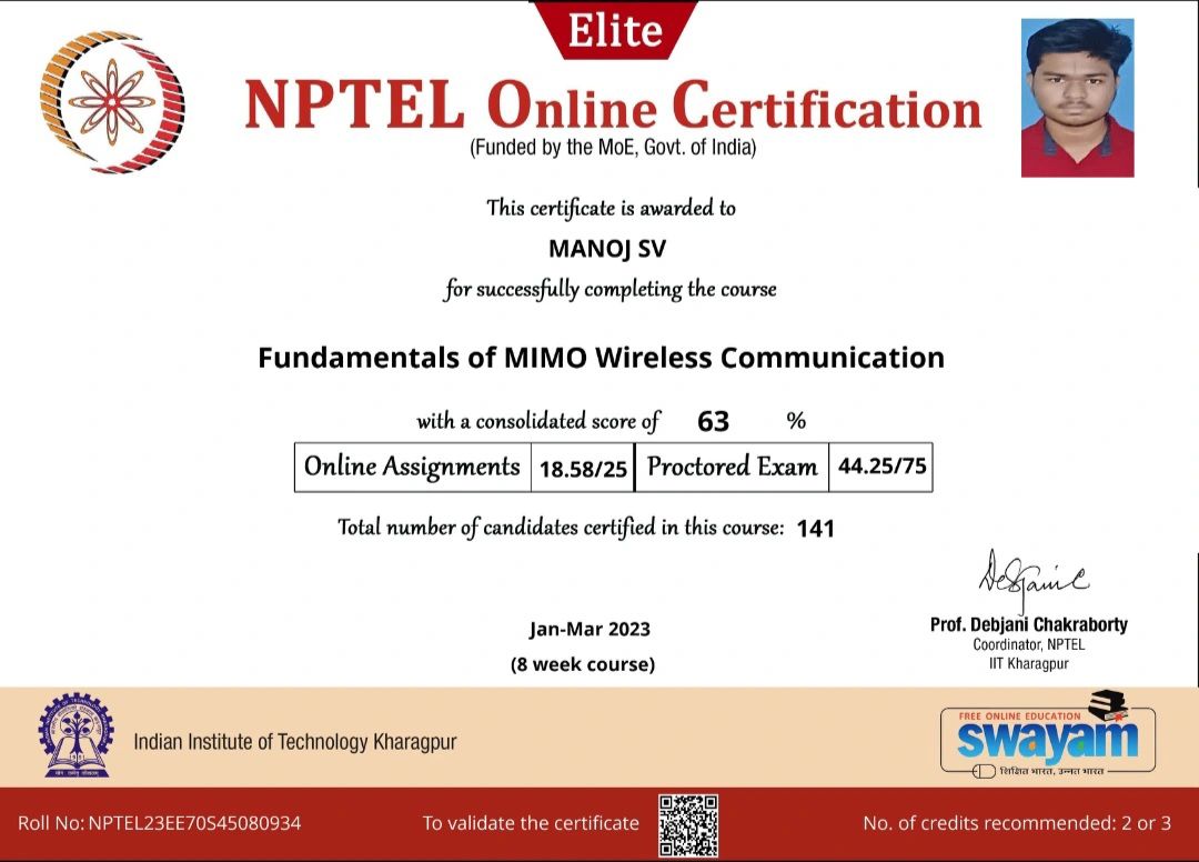 Manoj Sv on LinkedIn: #mimo #wirelesstechnology #nptel #certification Manoj Sv on LinkedIn: #mimo #wirelesstechnology #nptel #certification