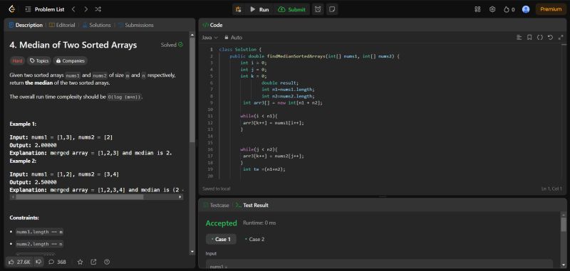 Kavya Mittal on LinkedIn: 🚀 LeetCode Challenge: Median of Two Sorted ... Kavya Mittal on LinkedIn: 🚀 LeetCode Challenge: Median of Two Sorted ...
