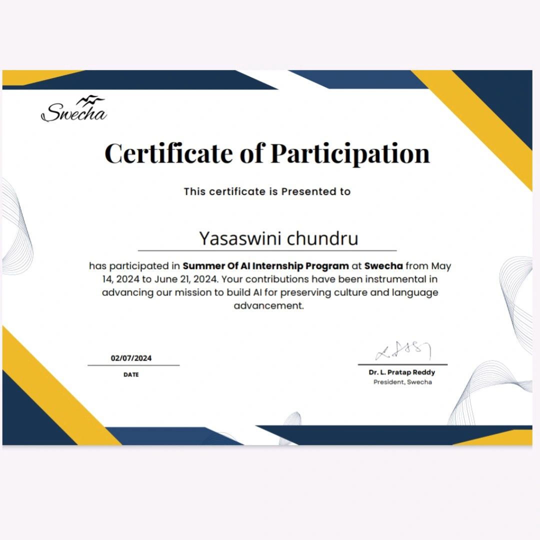 Yasaswini chundru on LinkedIn: #al #internship #swecha # ... Yasaswini chundru on LinkedIn: #al #internship #swecha # ...