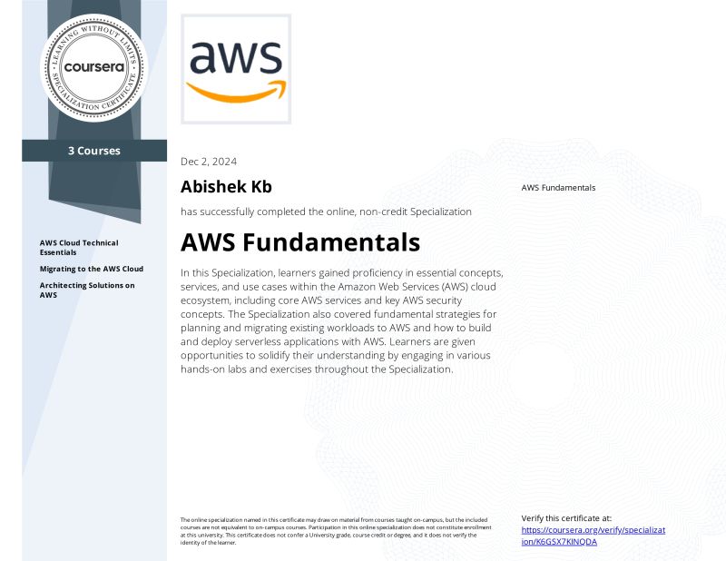 Abishek K B on LinkedIn: #aws #amazonwebservices #certification #coursera Abishek K B on LinkedIn: #aws #amazonwebservices #certification #coursera