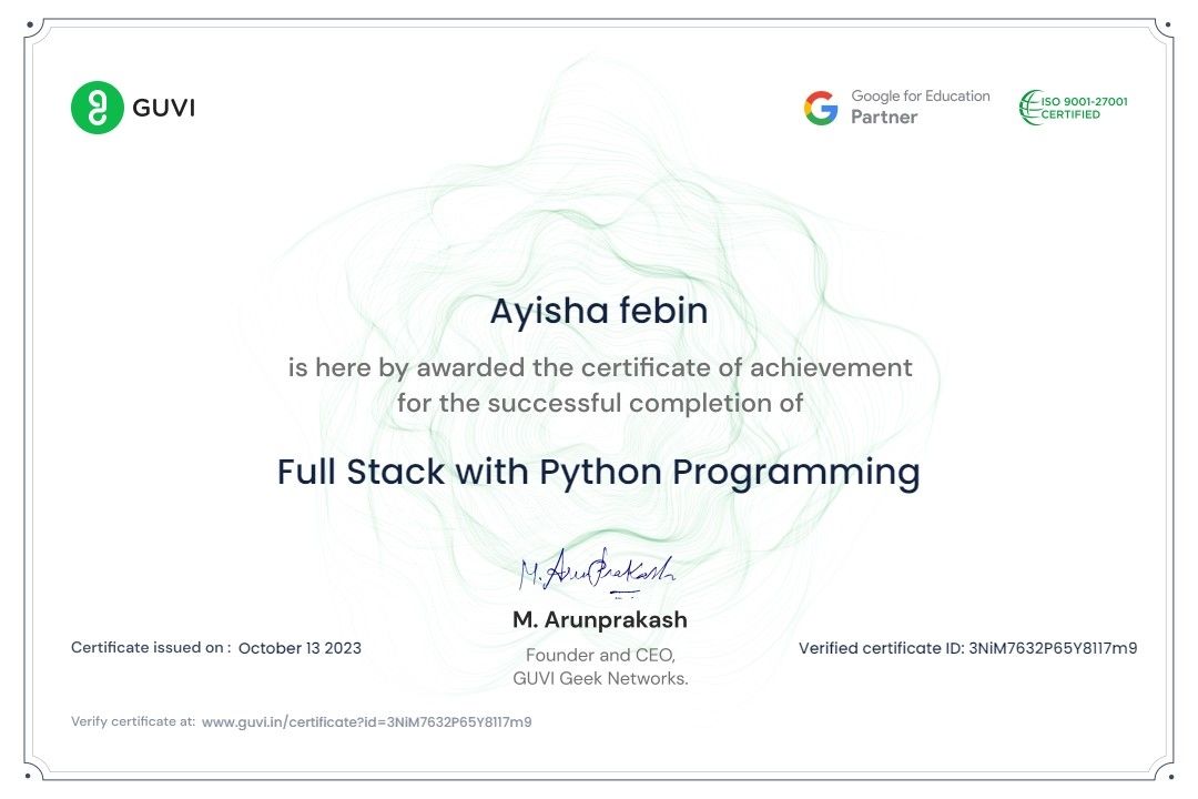 Ayisha Febin on LinkedIn: #fullstackdevelopment #pythonprogramming # ... Ayisha Febin on LinkedIn: #fullstackdevelopment #pythonprogramming # ...