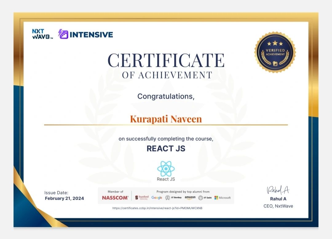 Completed React JS course by NxtWave | Naveen Kurapati posted on the ... Completed React JS course by NxtWave | Naveen Kurapati posted on the ...