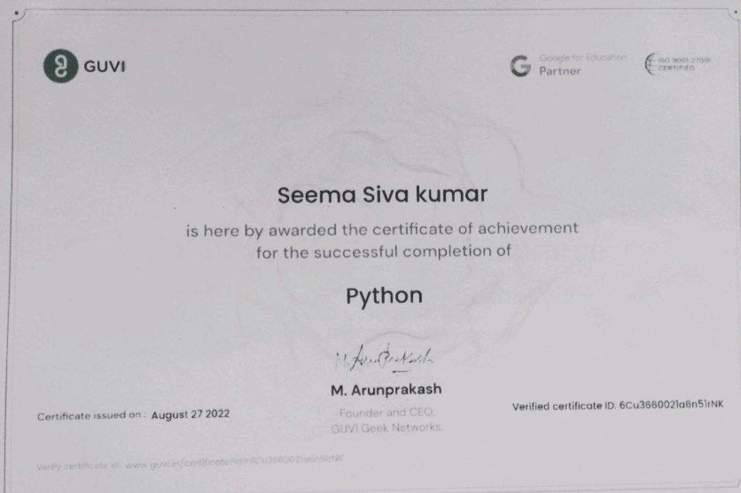 Finished my GUVI Python certification! | Seema S posted on the topic ... Finished my GUVI Python certification! | Seema S posted on the topic ...