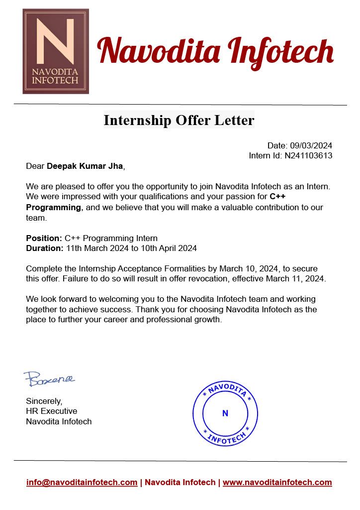 Deepak Kumar Jha on LinkedIn: #navoditainfotech #cplusplus #internship Deepak Kumar Jha on LinkedIn: #navoditainfotech #cplusplus #internship
