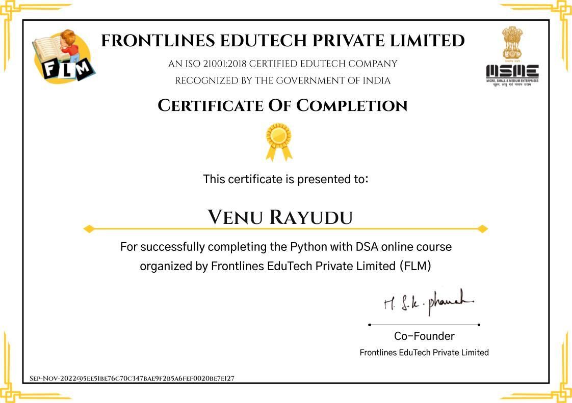 Venu Rayudu on LinkedIn: #python #certification #frontlinesmedia # ... Venu Rayudu on LinkedIn: #python #certification #frontlinesmedia # ...