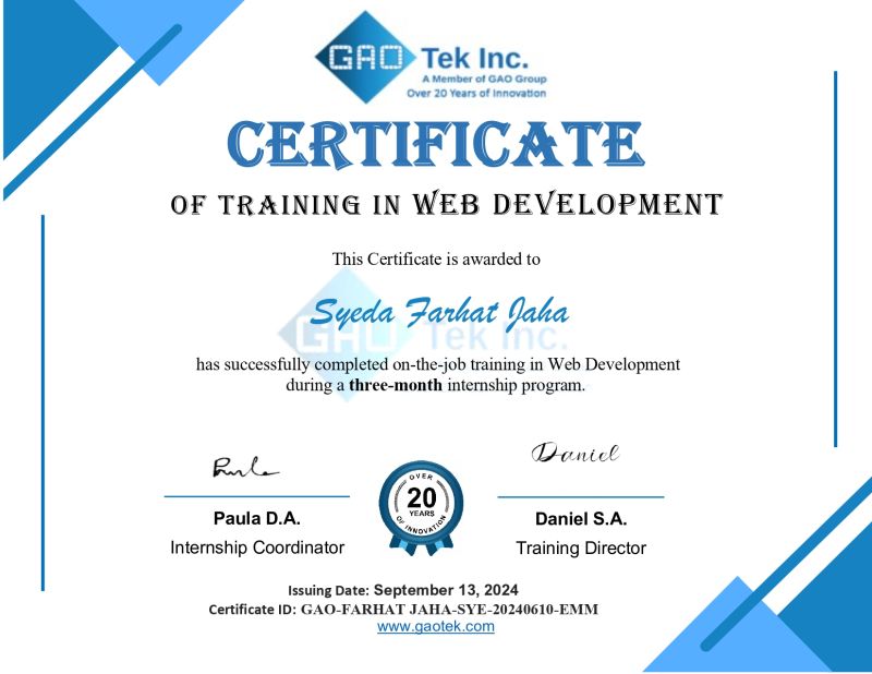 Syeda Farhat Jaha on LinkedIn: #internship #webdevelopment # ... Syeda Farhat Jaha on LinkedIn: #internship #webdevelopment # ...