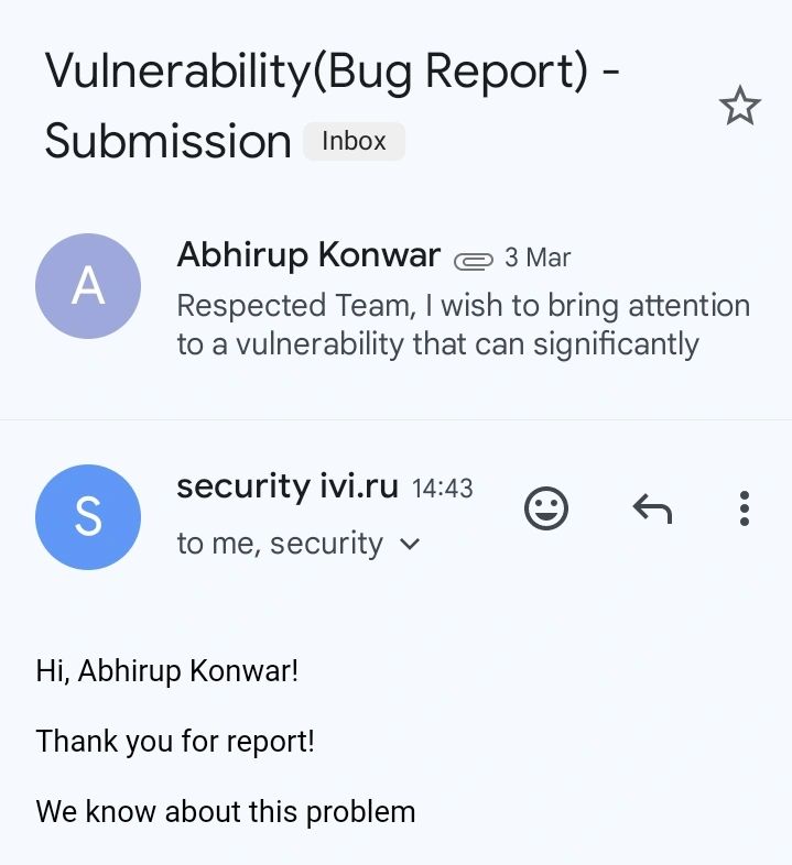 Abhirup Konwar on LinkedIn: 🪲Reported a vulnerability to ivi.ru ... Abhirup Konwar on LinkedIn: 🪲Reported a vulnerability to ivi.ru ...