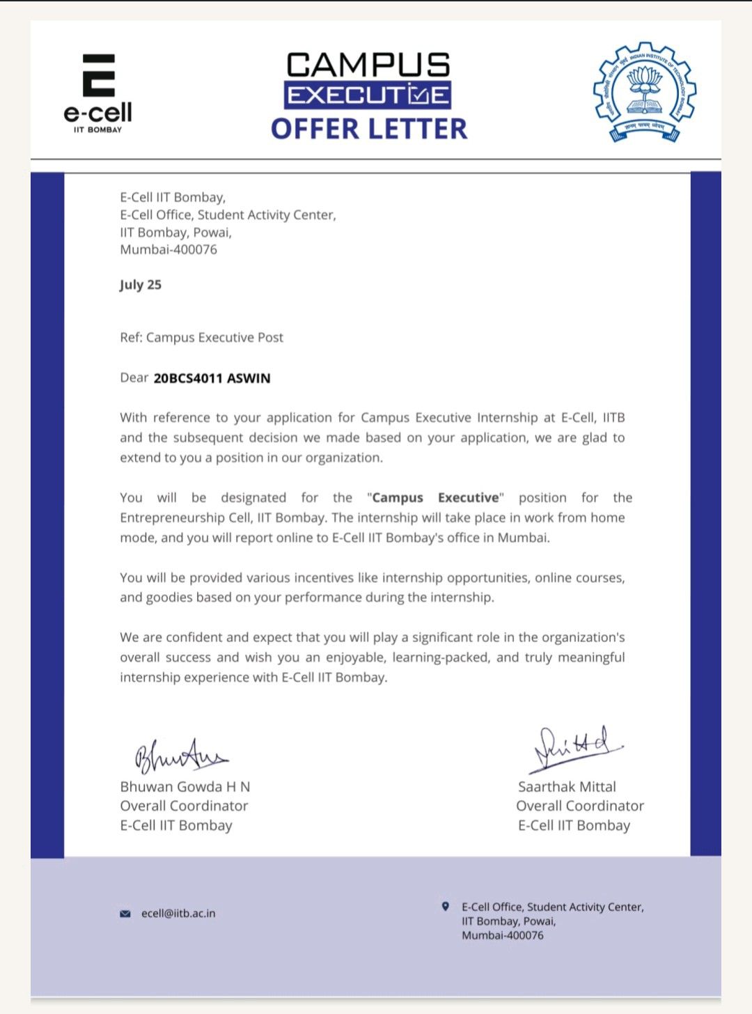 Aswin Kumar Rajappa on LinkedIn: Hello 20BCS4011 ASWIN, Congratulations ... Aswin Kumar Rajappa on LinkedIn: Hello 20BCS4011 ASWIN, Congratulations ...