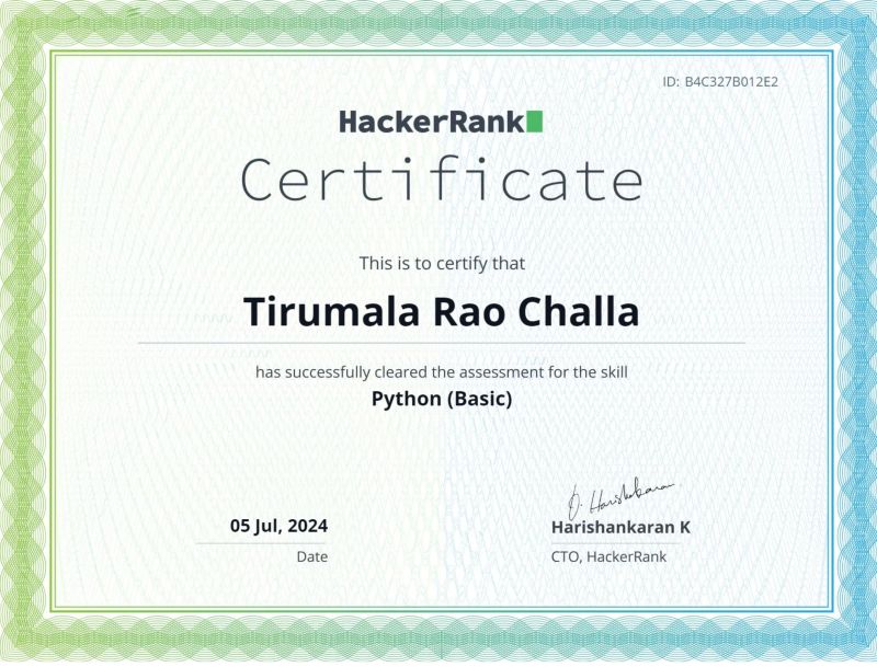 Completed Python (Basic) assessment on HackerRank | Tirumala Rao Challa ... Completed Python (Basic) assessment on HackerRank | Tirumala Rao Challa ...