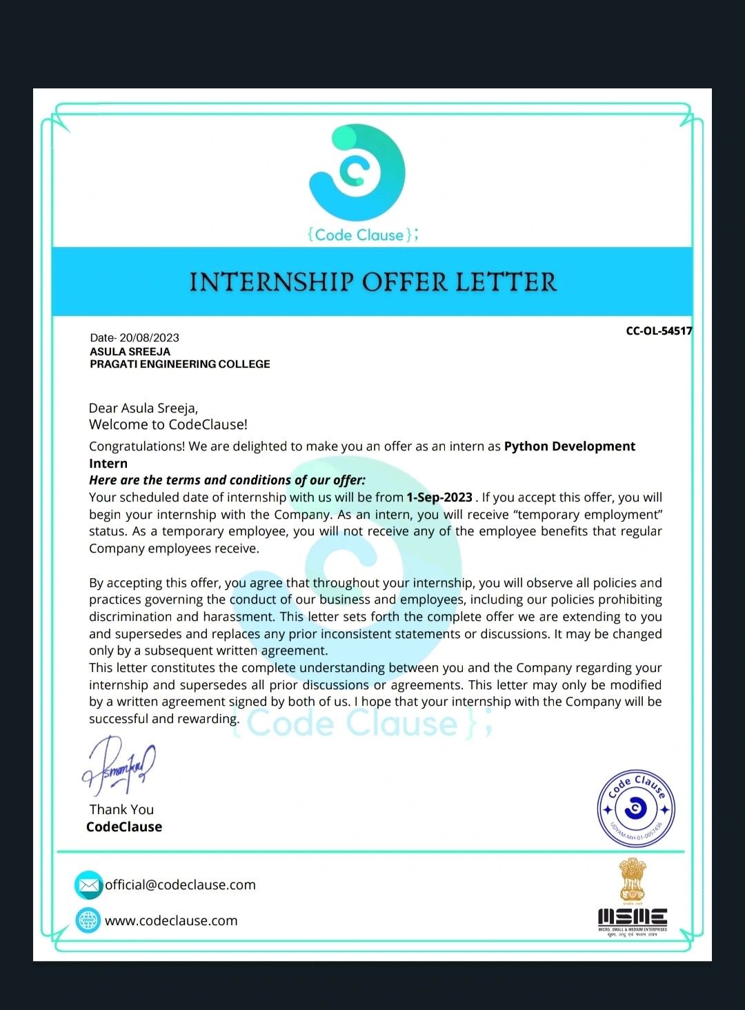 Sreeja Asula on LinkedIn: #thaankyou #internship #codeclause Sreeja Asula on LinkedIn: #thaankyou #internship #codeclause