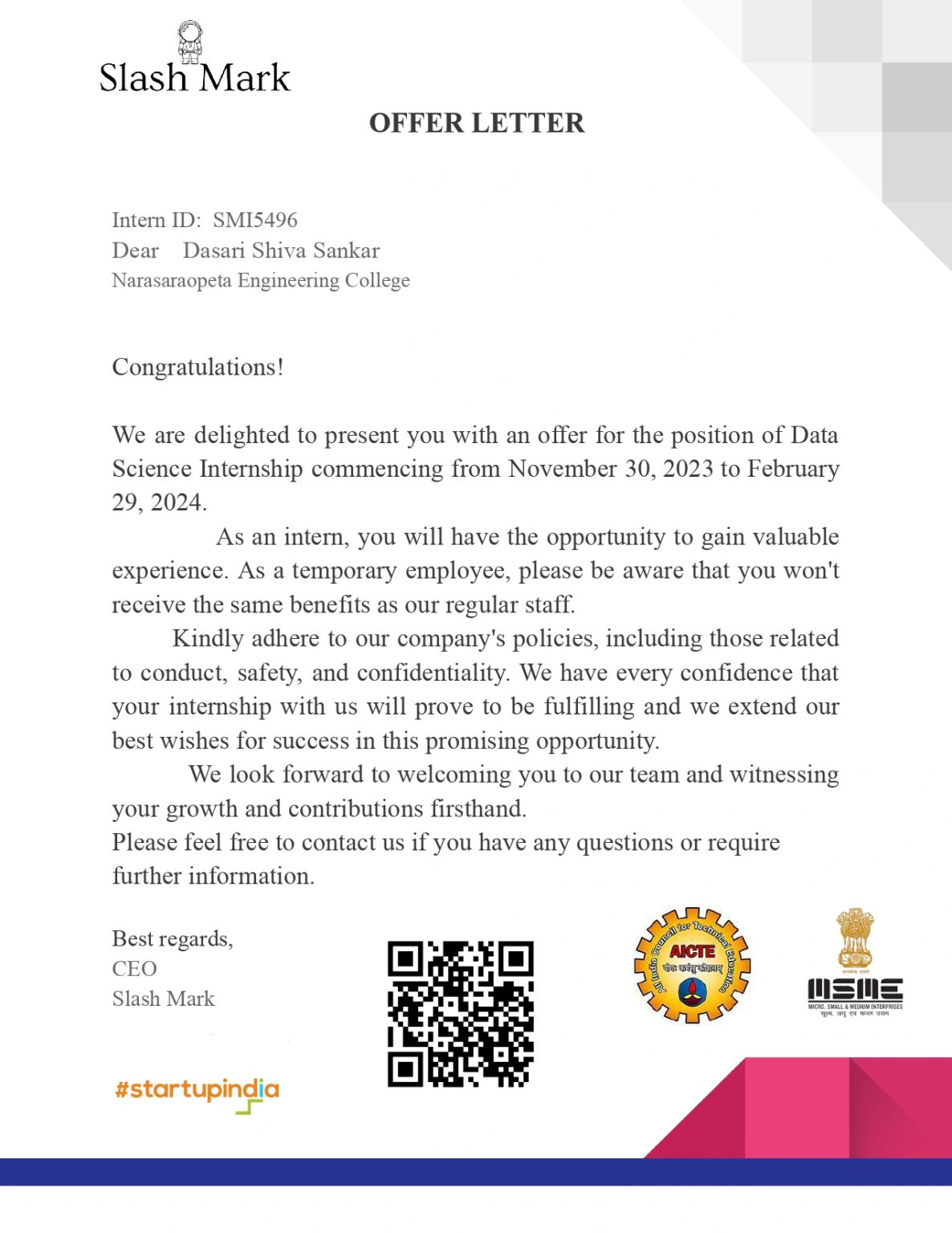 Dasari Shiva Sankar on LinkedIn: #internship #datascience #slashmark Dasari Shiva Sankar on LinkedIn: #internship #datascience #slashmark