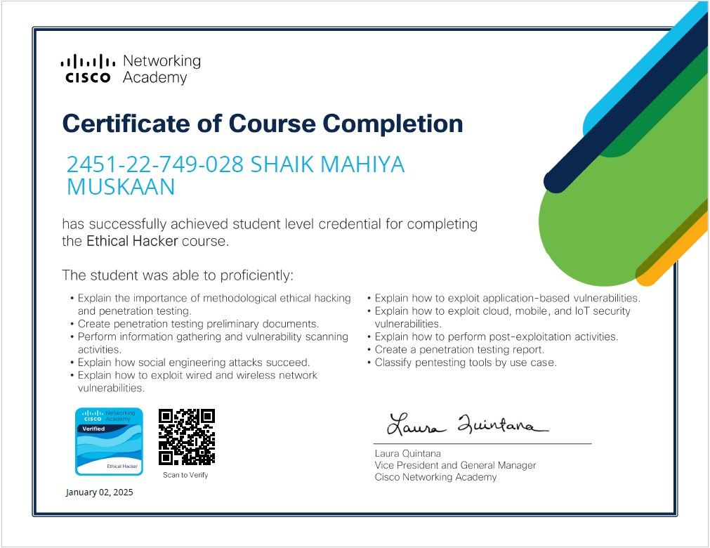 Mahiya Muskaan Shaik on LinkedIn: #ethicalhacking #cybersecurity # ... Mahiya Muskaan Shaik on LinkedIn: #ethicalhacking #cybersecurity # ...