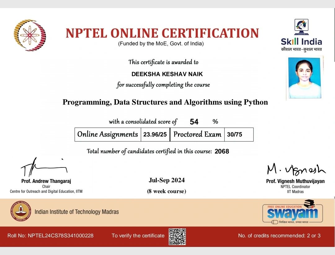 Deeksha Naik on LinkedIn: #nptel #python #datastructures #algorithms # ... Deeksha Naik on LinkedIn: #nptel #python #datastructures #algorithms # ...