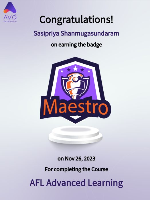 Passed #AvoFoundationLeague milestone with AFLMaestro | SASIPRIYA ... Passed #AvoFoundationLeague milestone with AFLMaestro | SASIPRIYA ...